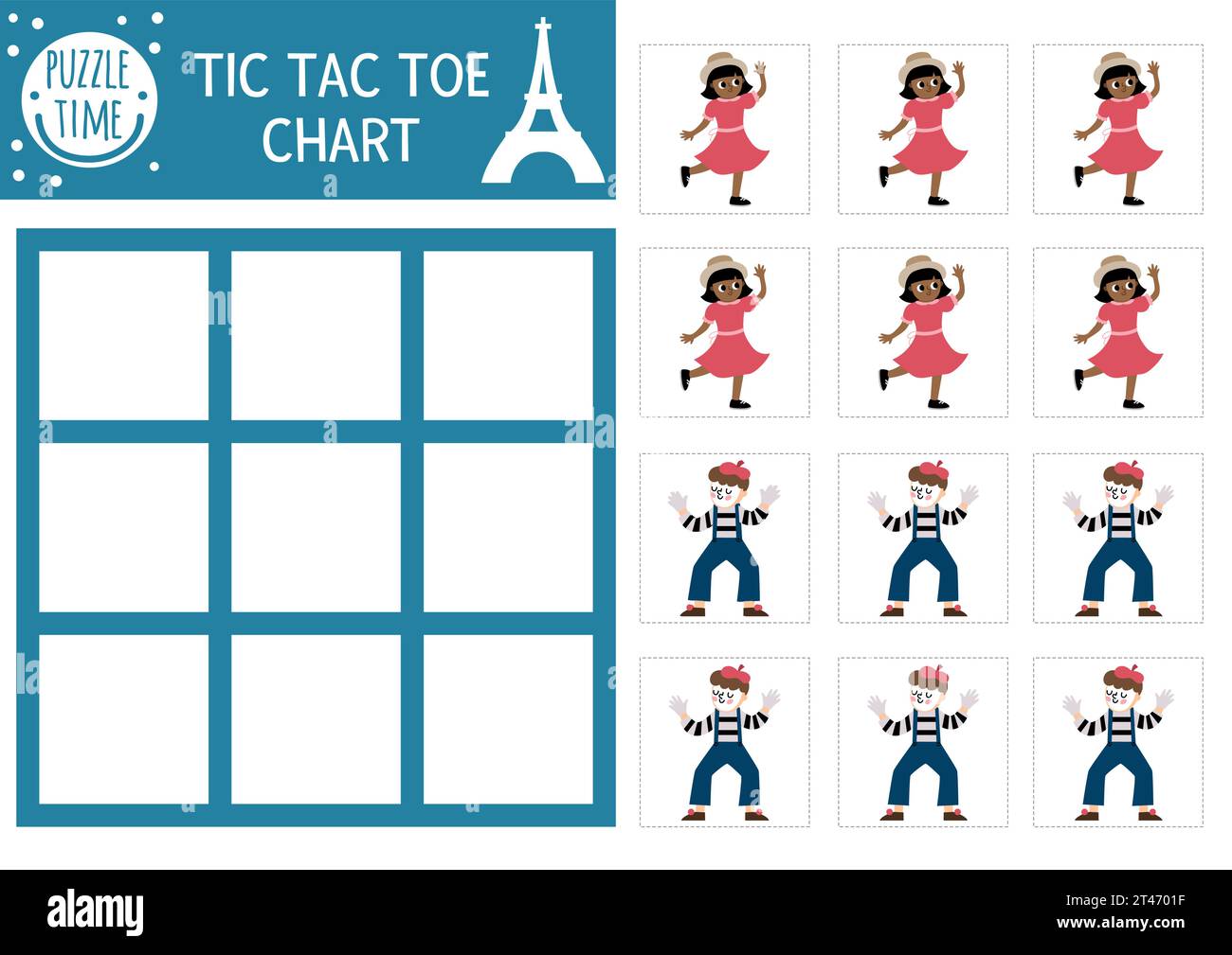 Vector France tic tac toe chart with girl in beautiful dress and mime ...