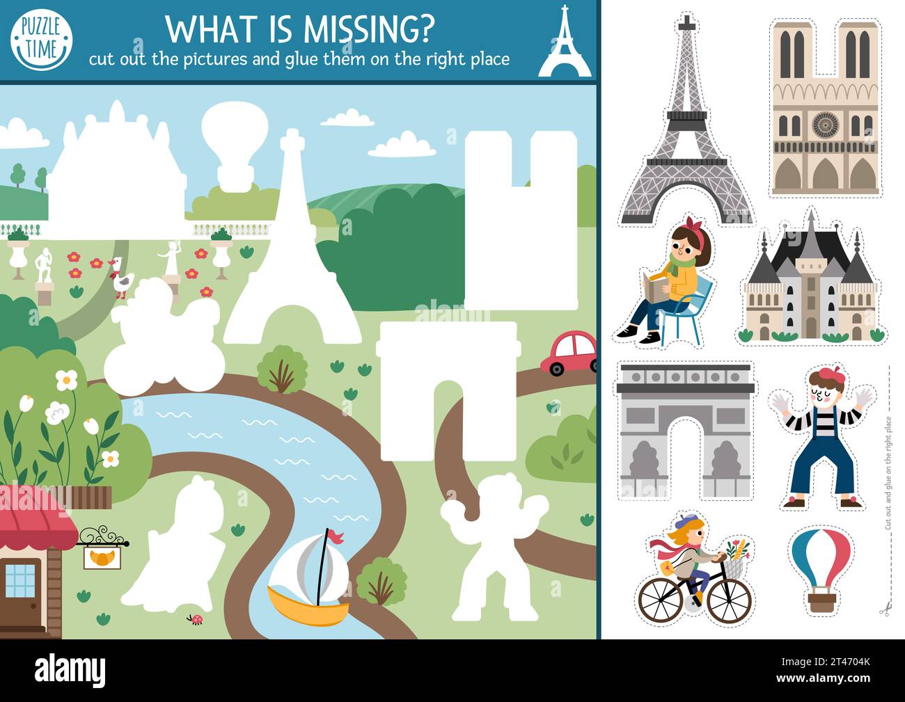 Vector France cut and glue activity. Crafting game with cute Paris city landscape, people ...