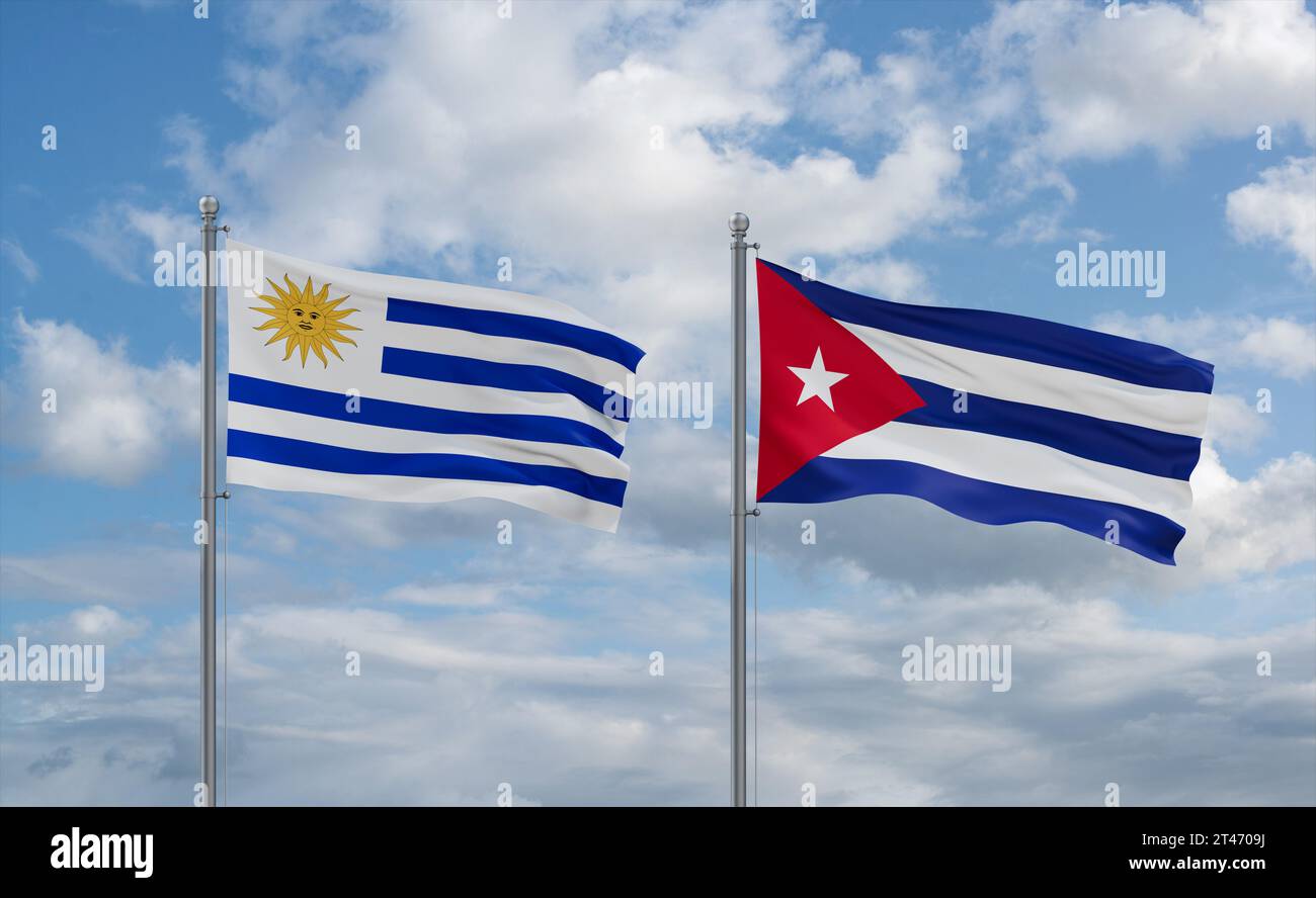 Cuba and Uruguay flags waving together in the wind on blue cloudy sky ...