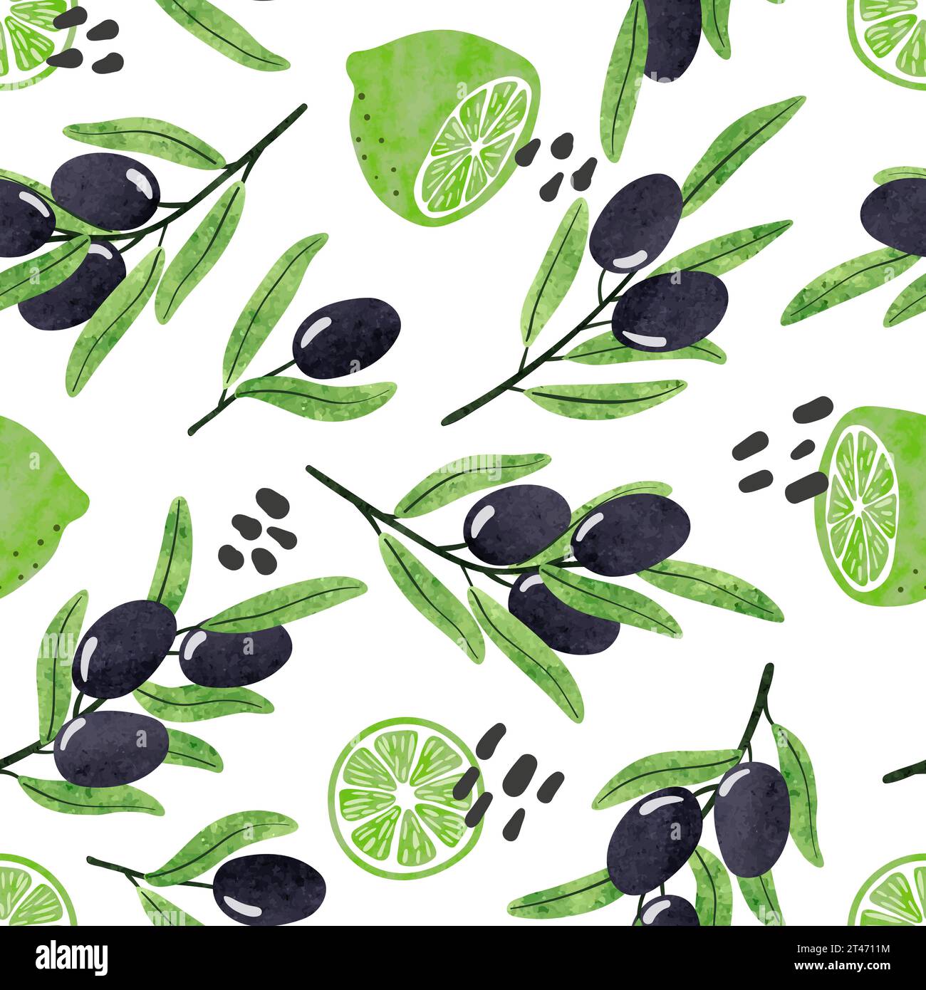 Seamless olive and lime pattern. Vector watercolor food illustration ...