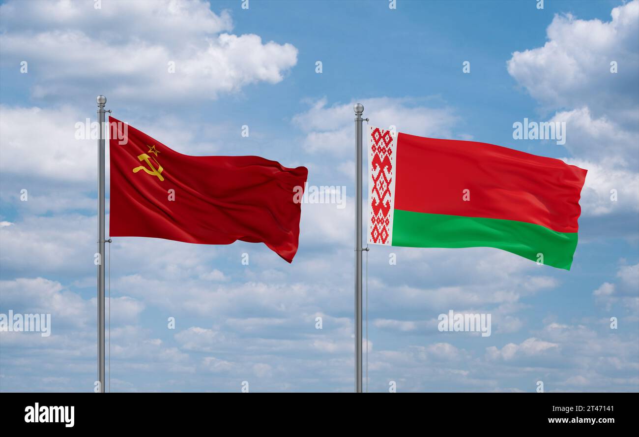 Belarus and USSR flags waving together in the wind on blue cloudy sky ...