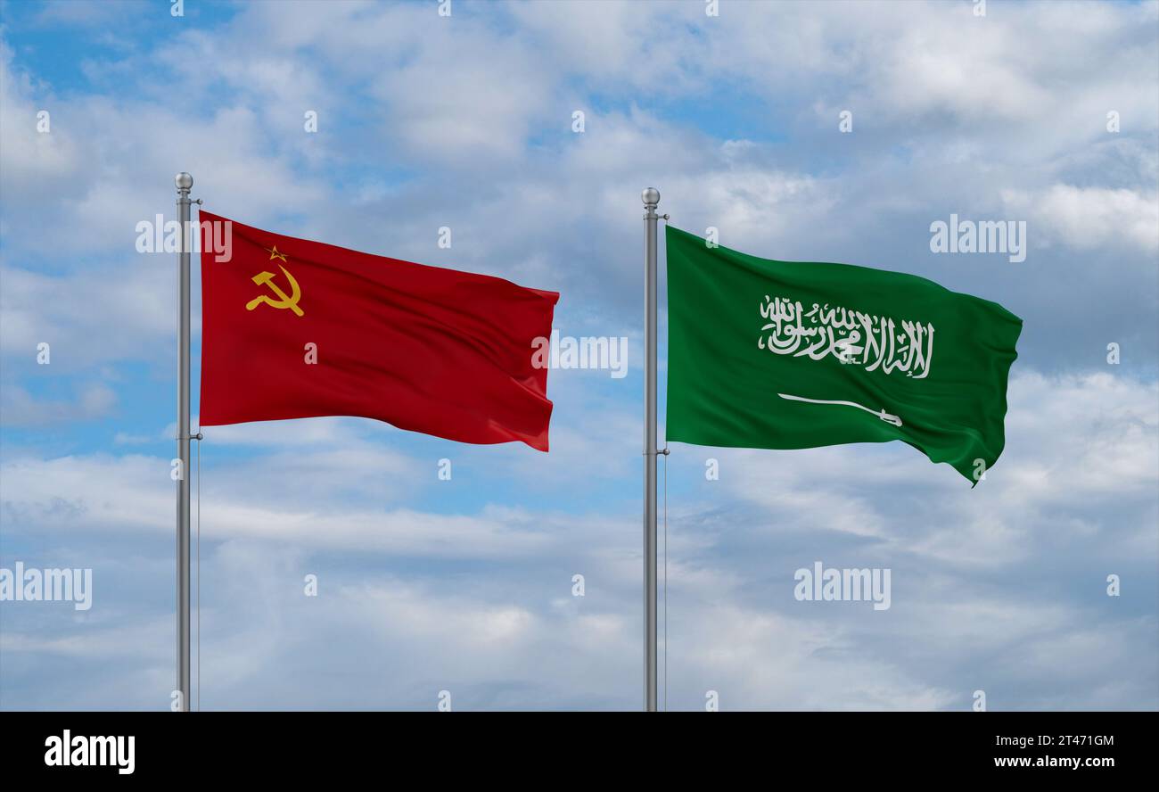 USSR and Saudi Arabia flags waving together in the wind on blue cloudy ...