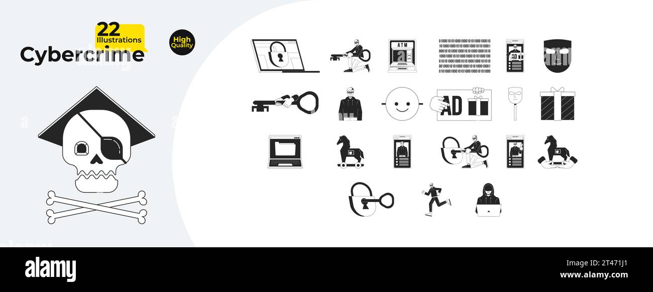 Cyber crime hackers black and white cartoon flat illustration bundle ...