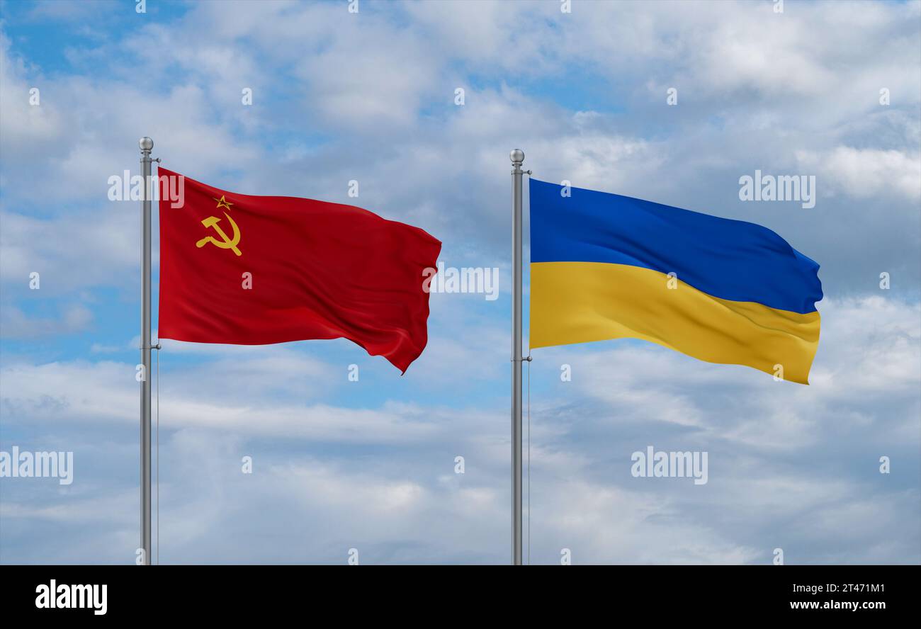 Ukraine and USSR flags waving together in the wind on blue cloudy sky, two country relationship ...