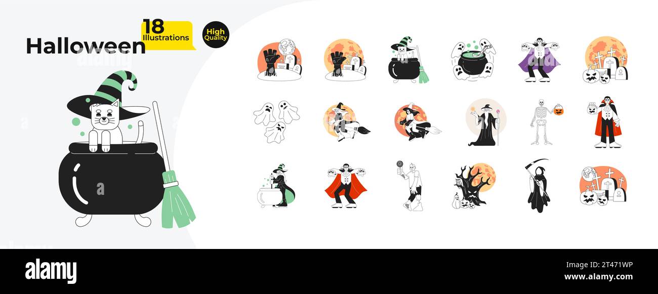 Halloween traditional black and white cartoon flat illustration bundle ...