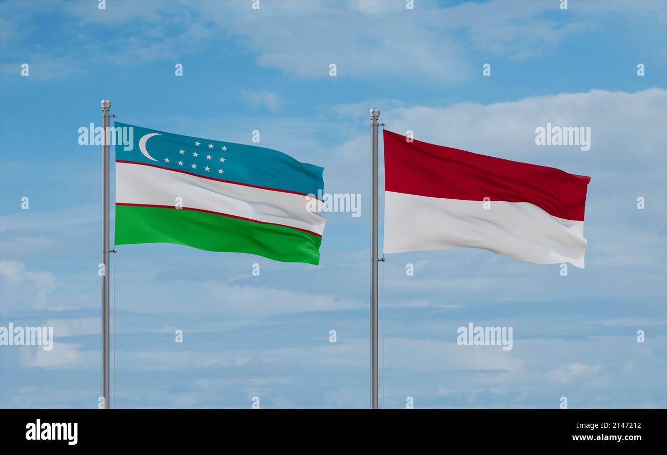 Indonesia and Uzbekistan flags waving together on blue cloudy sky, two ...