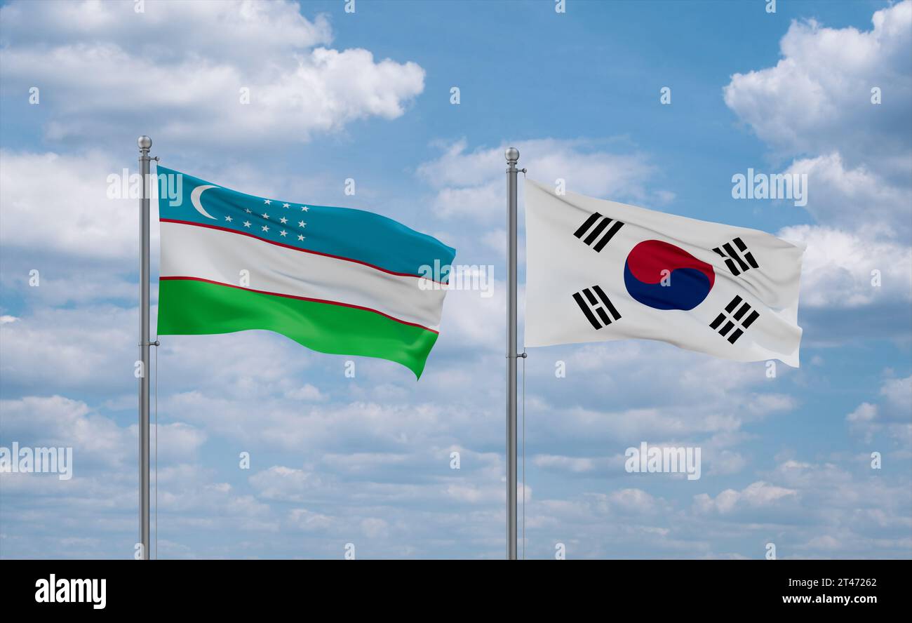 South Korea or Republic of Korea or ROK and Uzbekistan flags waving ...