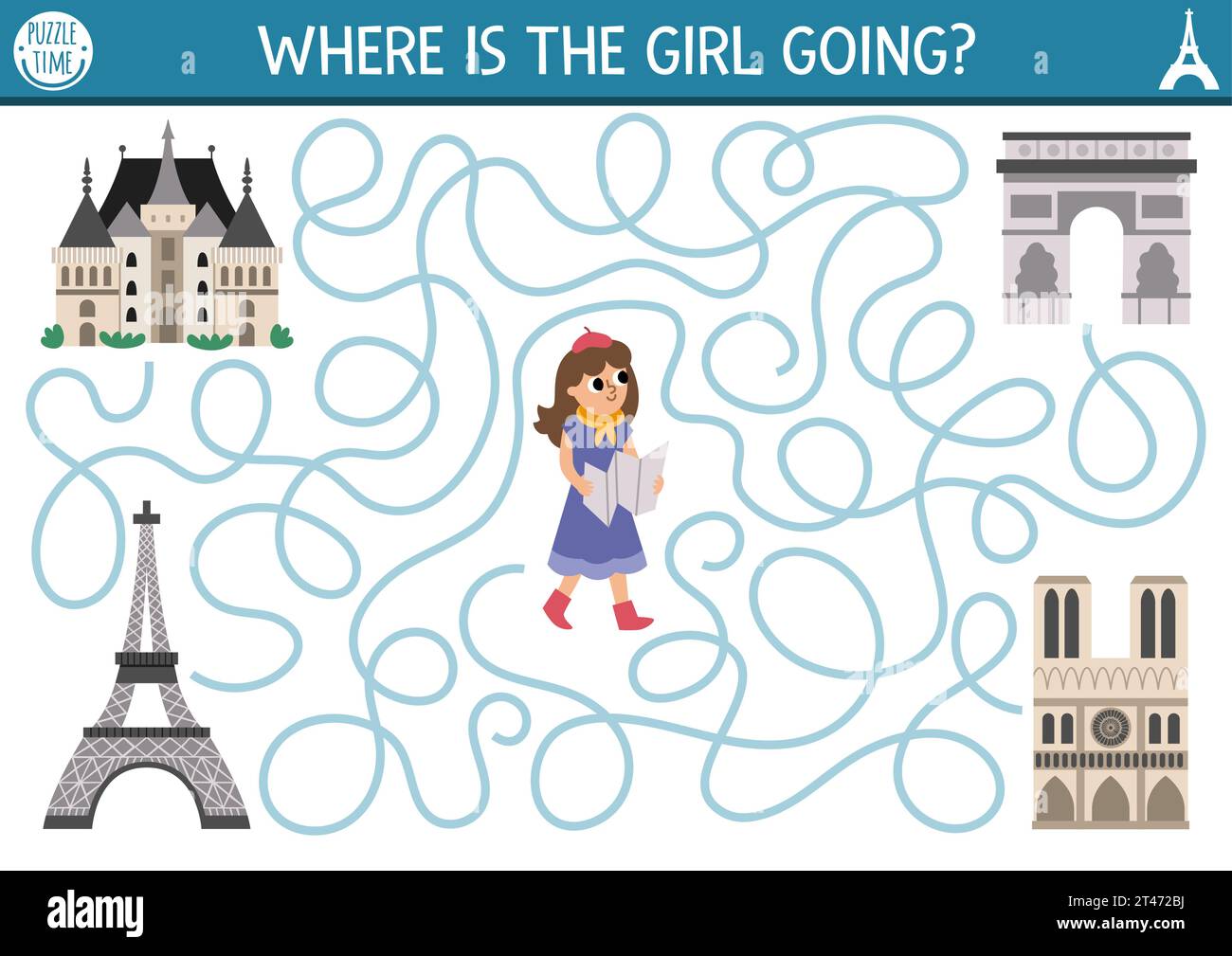 France maze for kids with tourist girl and Paris places of interest ...
