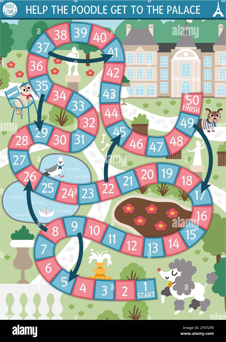 France dice board game for children with poodle going to Luxembourg ...