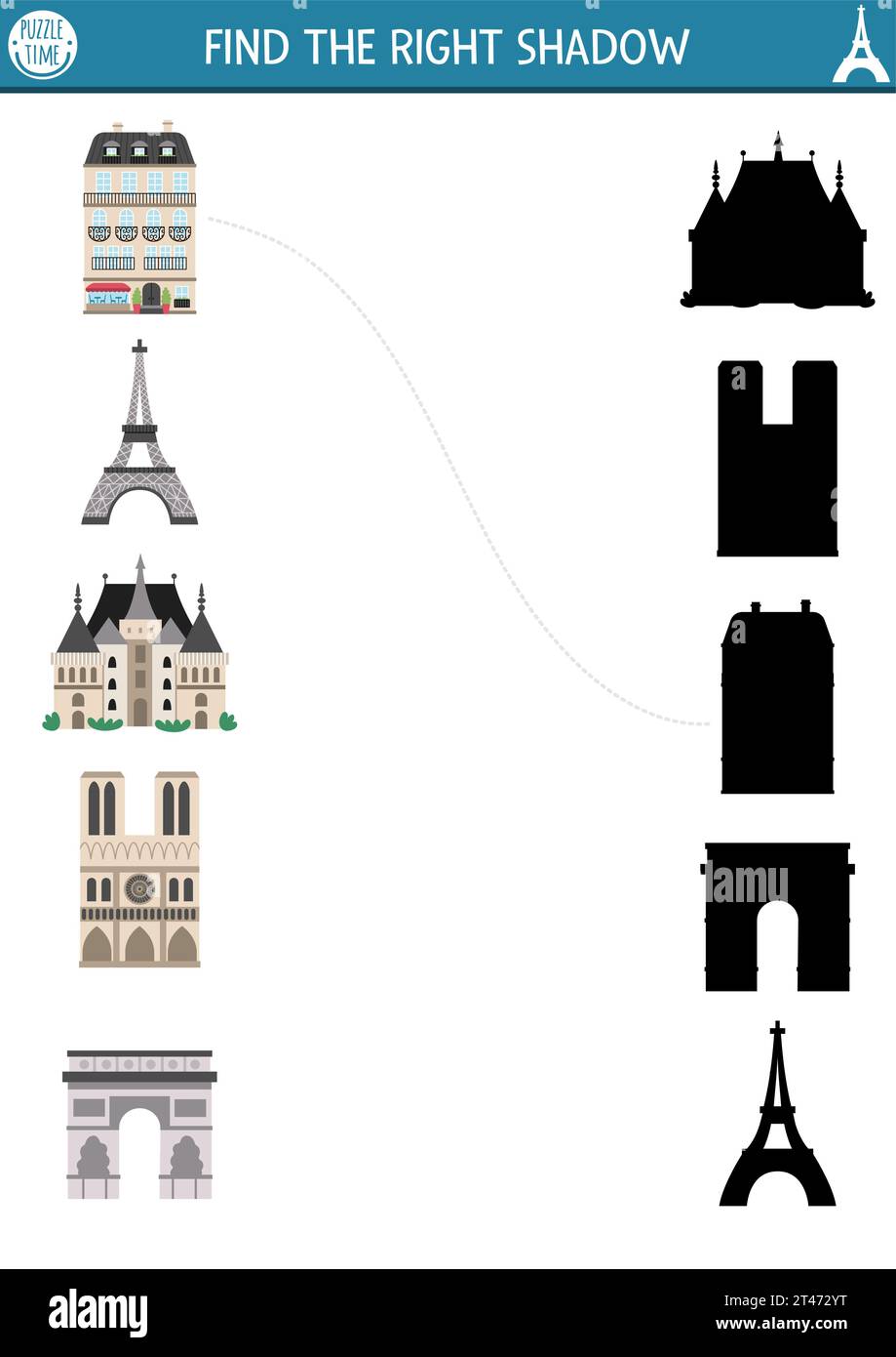 France shadow matching activity. French puzzle with Eiffel Tower ...