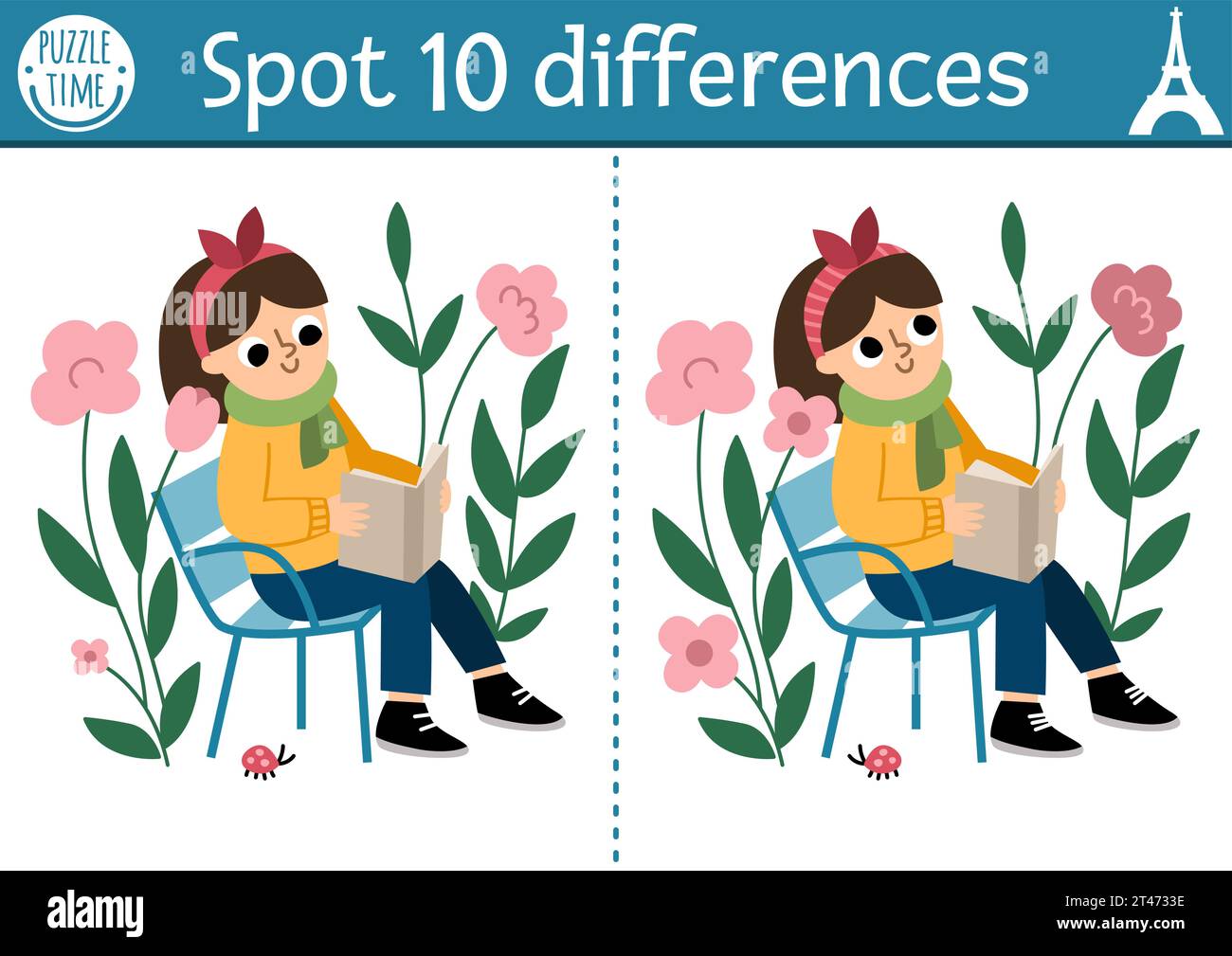 Find differences game for children. Educational activity with cute girl ...