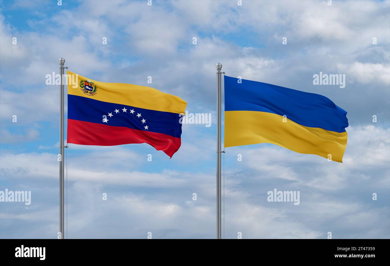 Ukraine and Venezuela flags waving together in the wind on blue cloudy ...