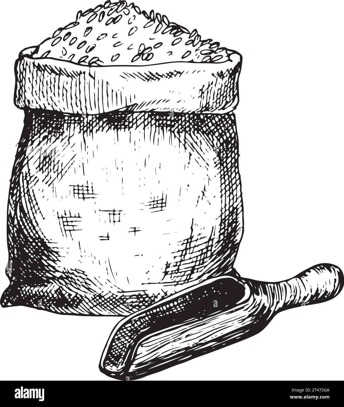 Vector graphic illustration of bag of wheat with wooden scoop. Black ...