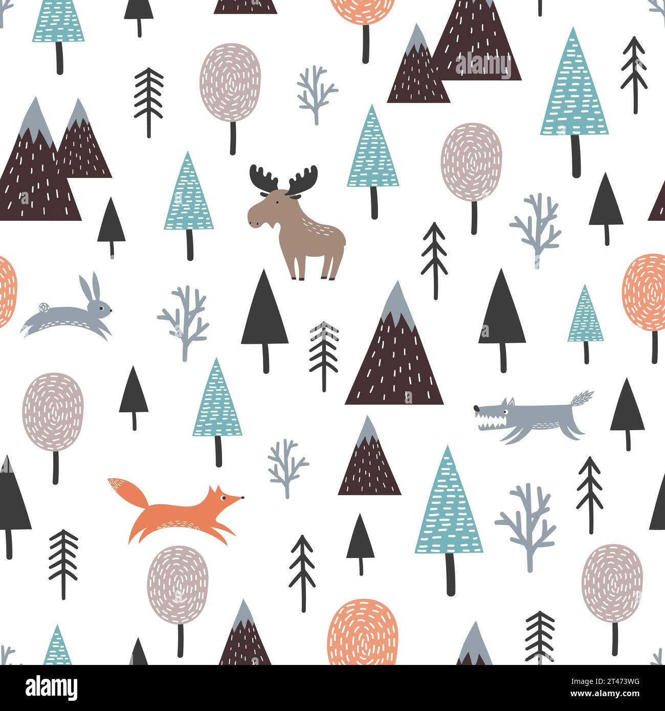 Seamless Scandinavian pattern with cute animals and trees. Vector ...