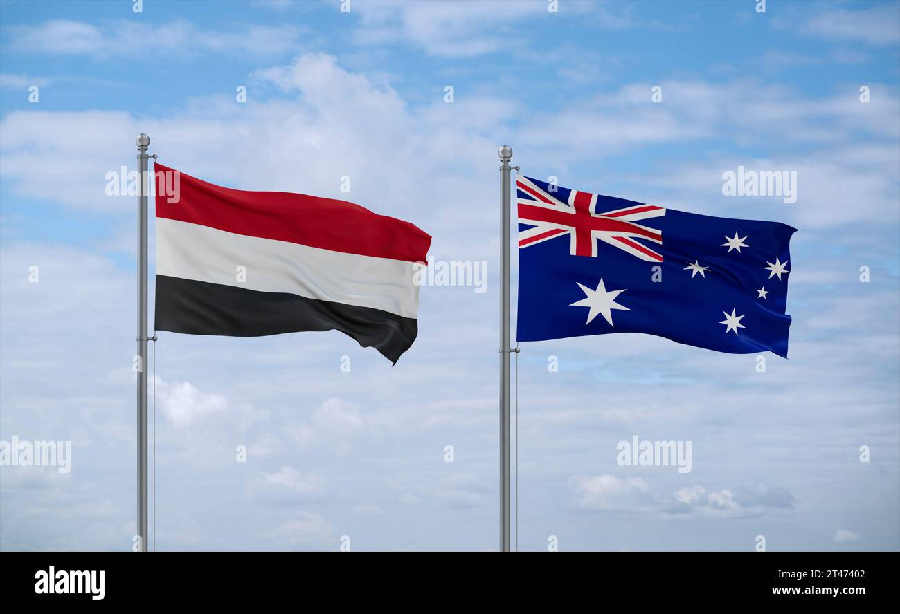 Australia and Yemen flags waving together on blue cloudy sky, two ...