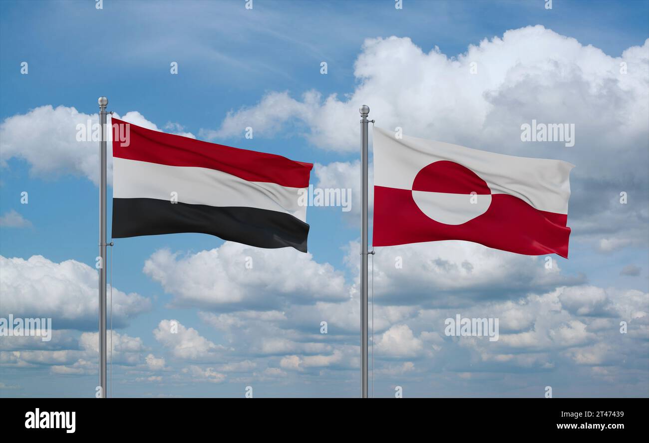 Greenland and Yemen flags waving together on blue cloudy sky, two ...