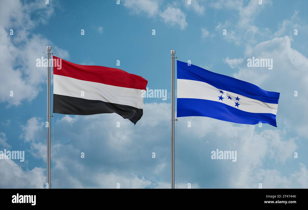 Honduras and Yemen flags waving together in the wind on blue cloudy sky ...