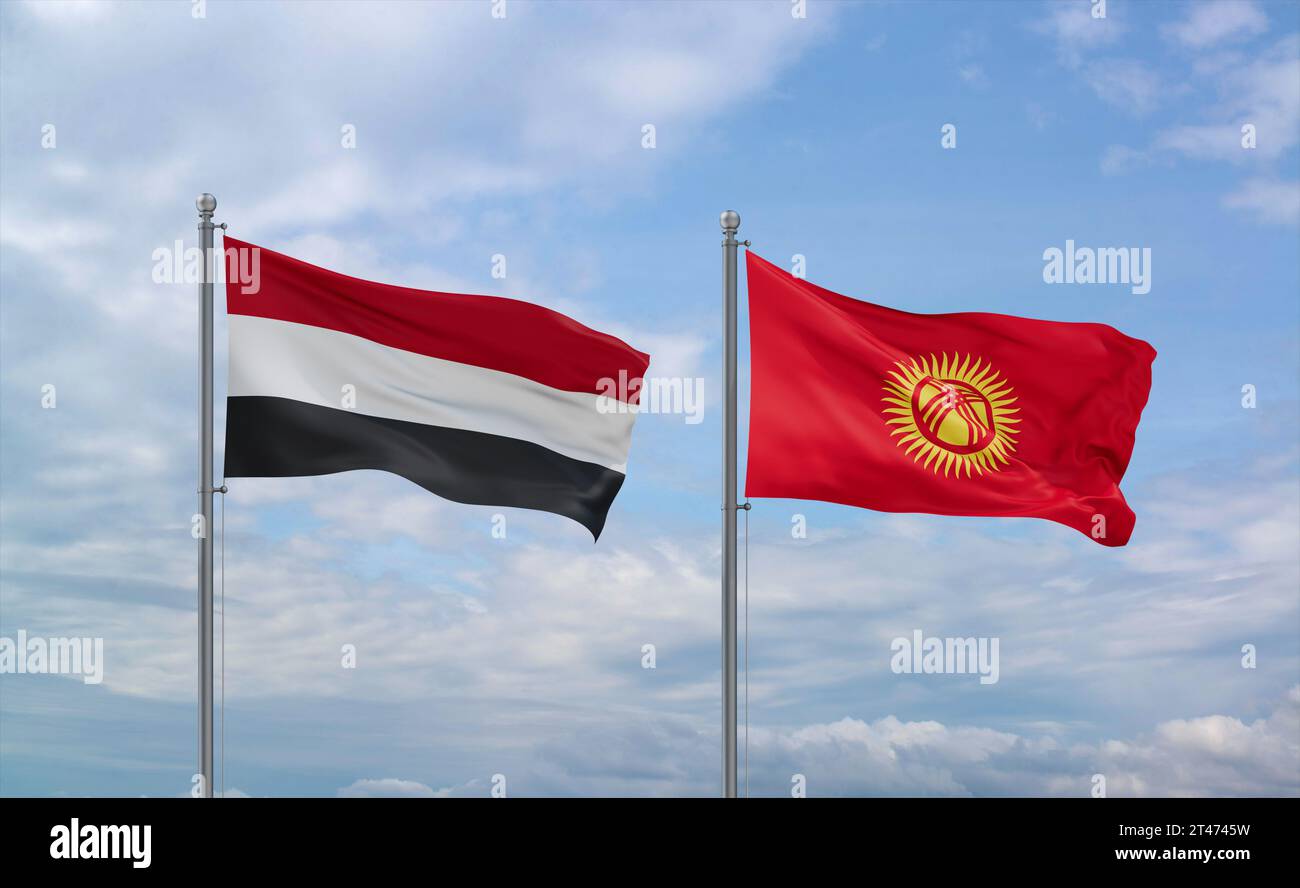 Kyrgyzstan and Yemen flags waving together on blue cloudy sky, two ...