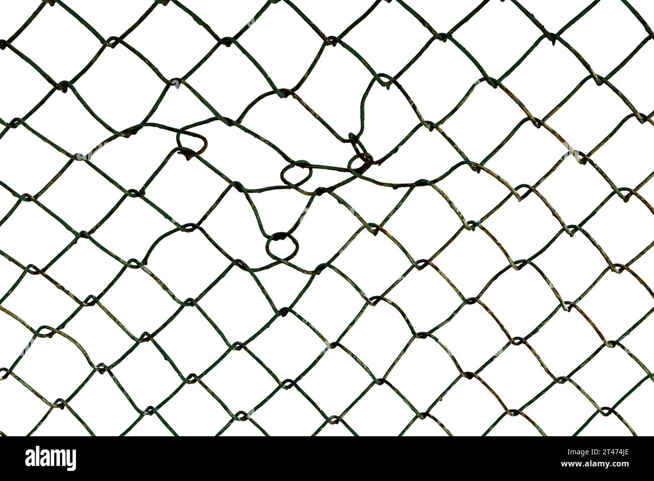 The texture of the metal mesh. Torn, destroyed, broken metal mesh on a ...