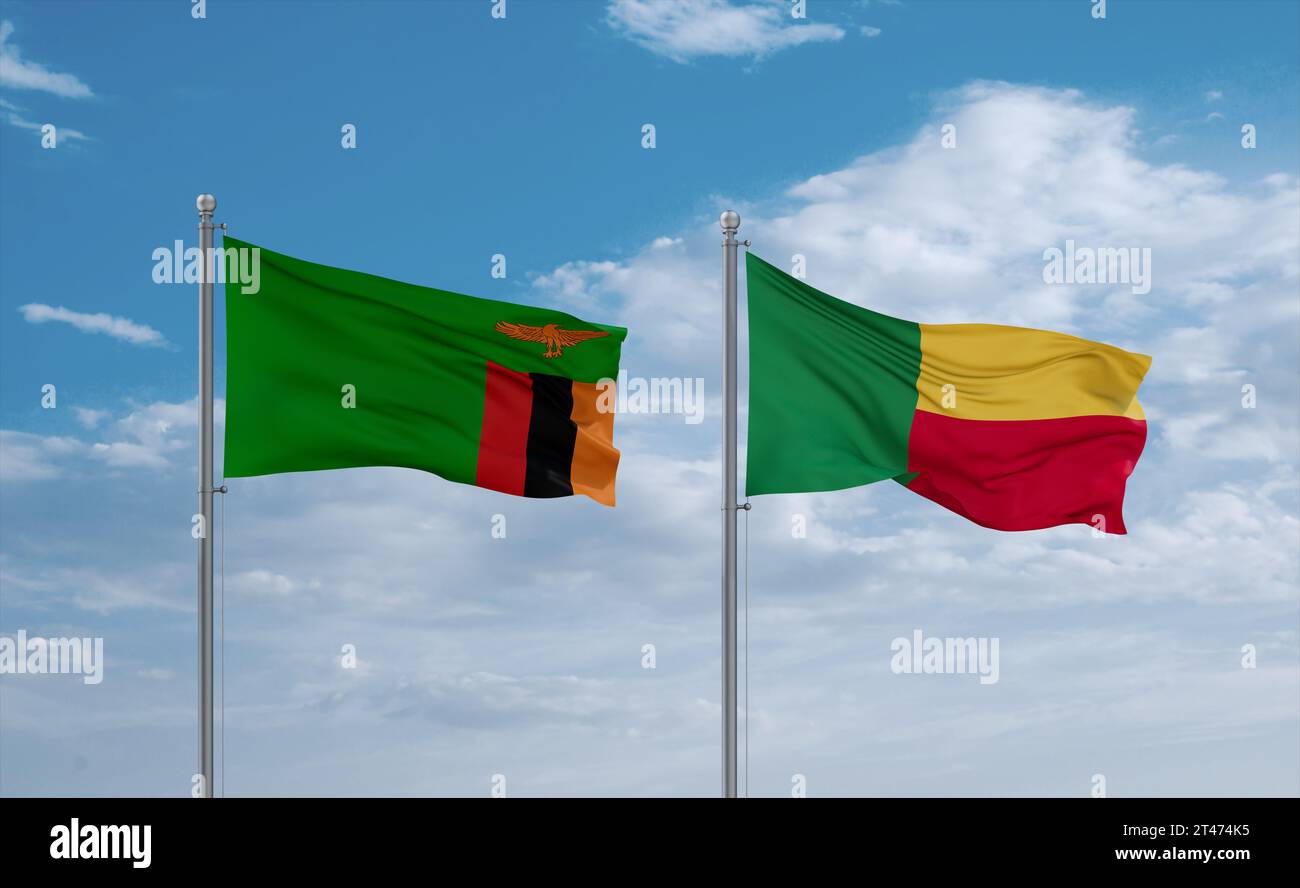 Benin and Zambia flags waving together on blue cloudy sky, two country relationship concept ...