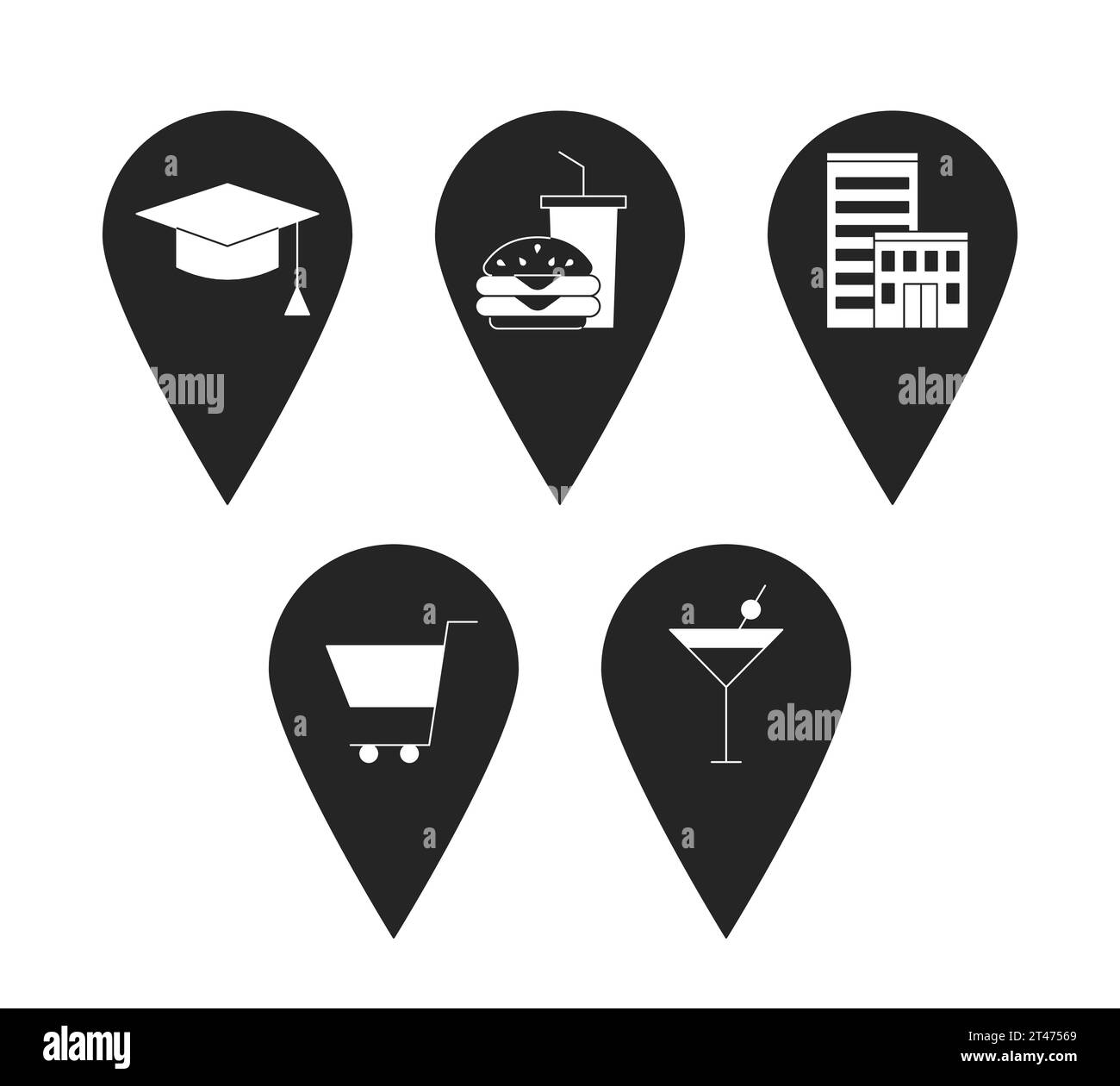Map pinpoint locations black and white 2D line cartoon objects set ...