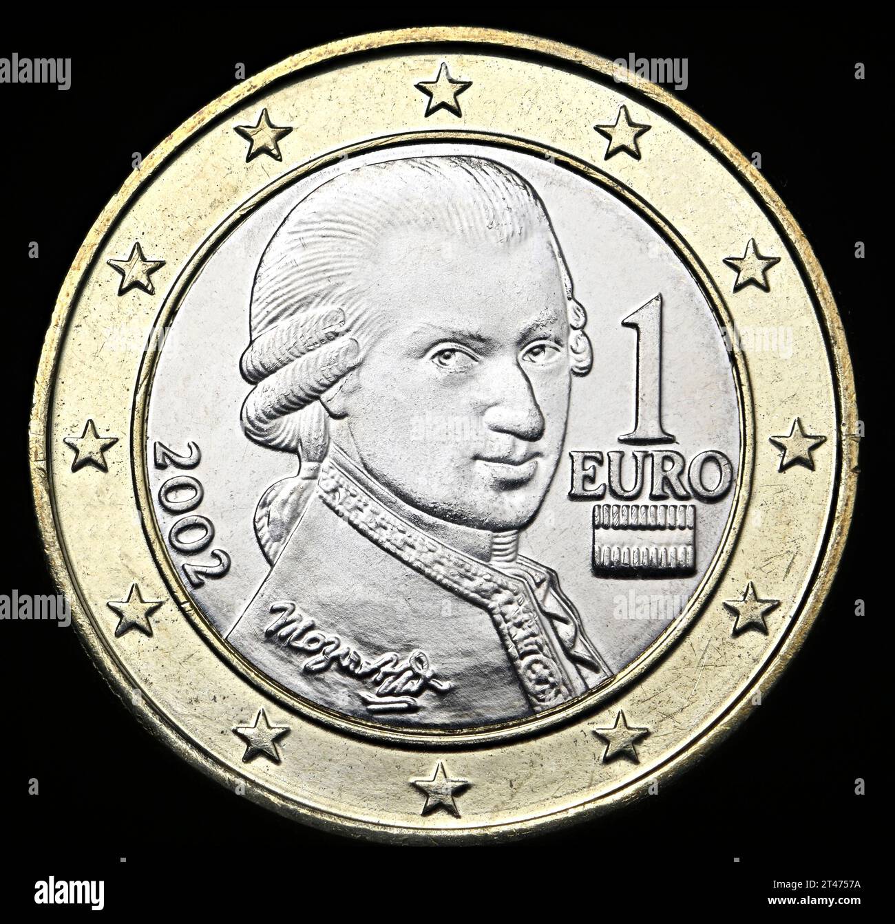 Austrian 1 Euro coin - Mozart Stock Photo - Alamy