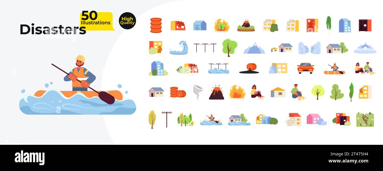 Natural disasters urban cartoon flat illustration bundle Stock Vector ...