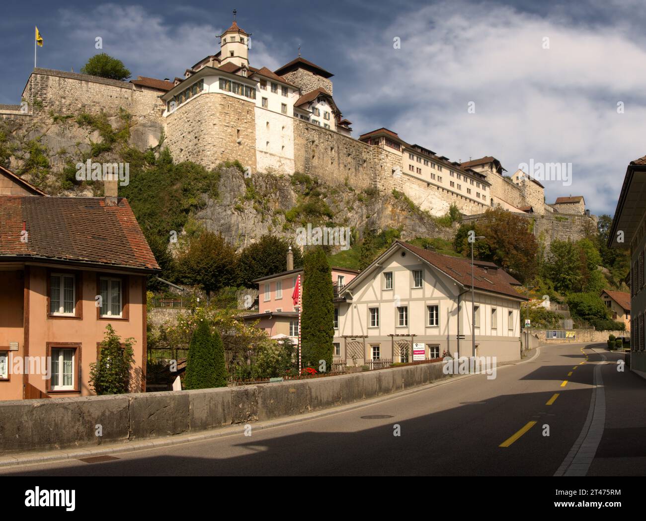 Aarburg from street level showing the castle and traditional buildings ...