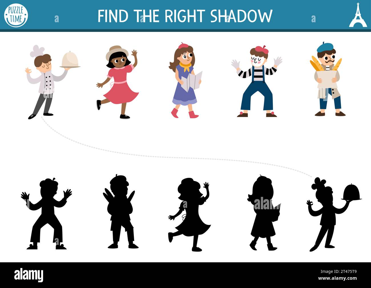 France shadow matching activity. Puzzle with French people. Find ...