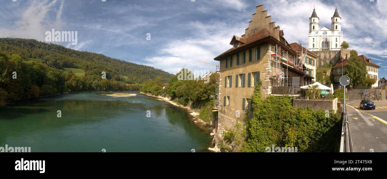 Panoramic view of the river Aare and Evangelical church in Aarburg ...