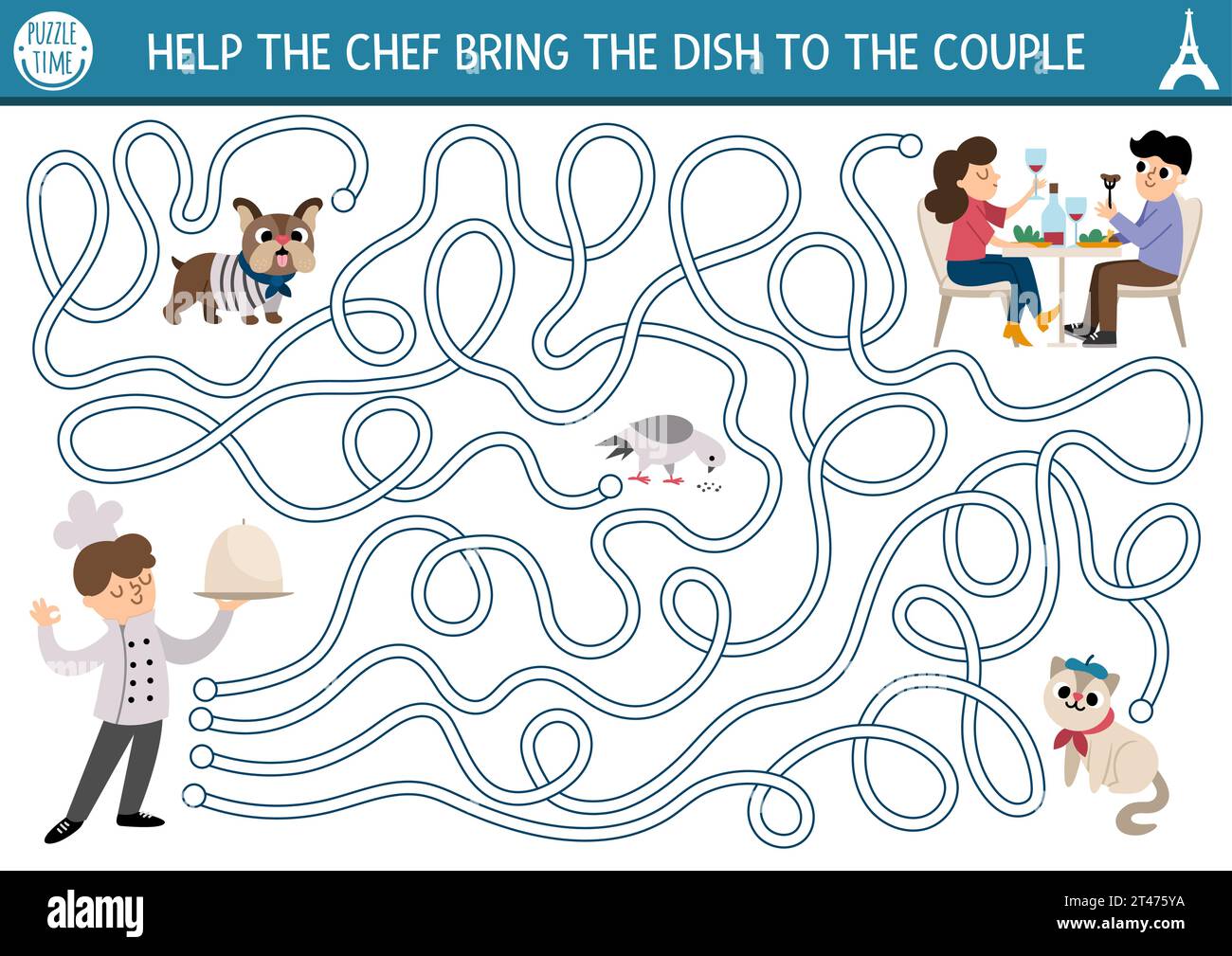 France maze for kids with cook. French preschool printable activity ...