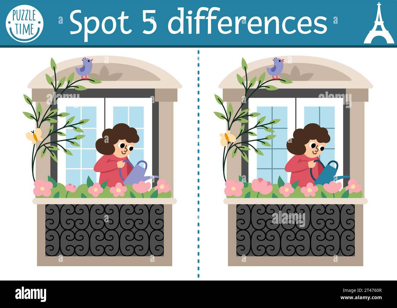 Find differences game for children. Educational activity with cute girl ...