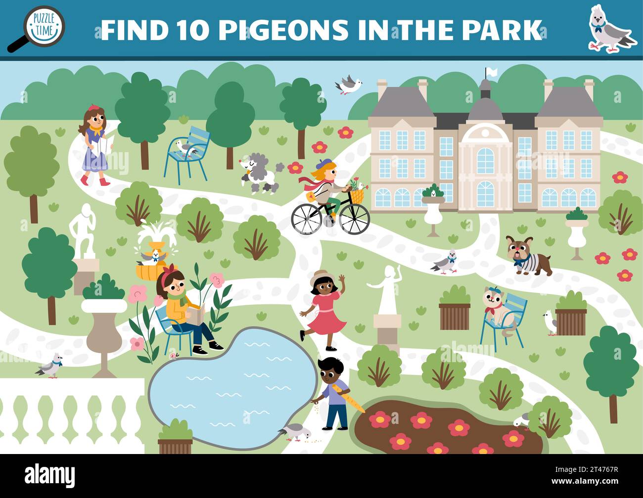 Vector French searching game with city landscape, park, people, animals ...