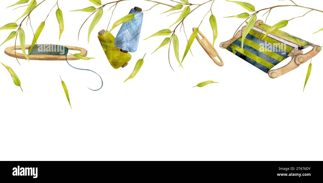 Hand drawn watercolor thread weaving loom and shuttle, for hobby ...