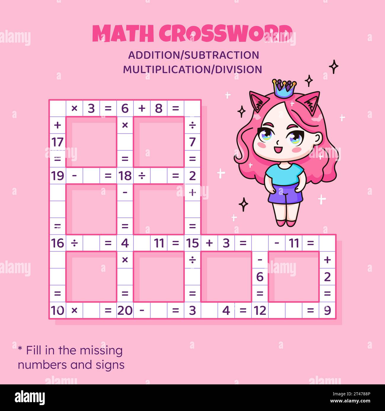 Math Crossword puzzle for kids. Addition, subtraction, multiplication ...