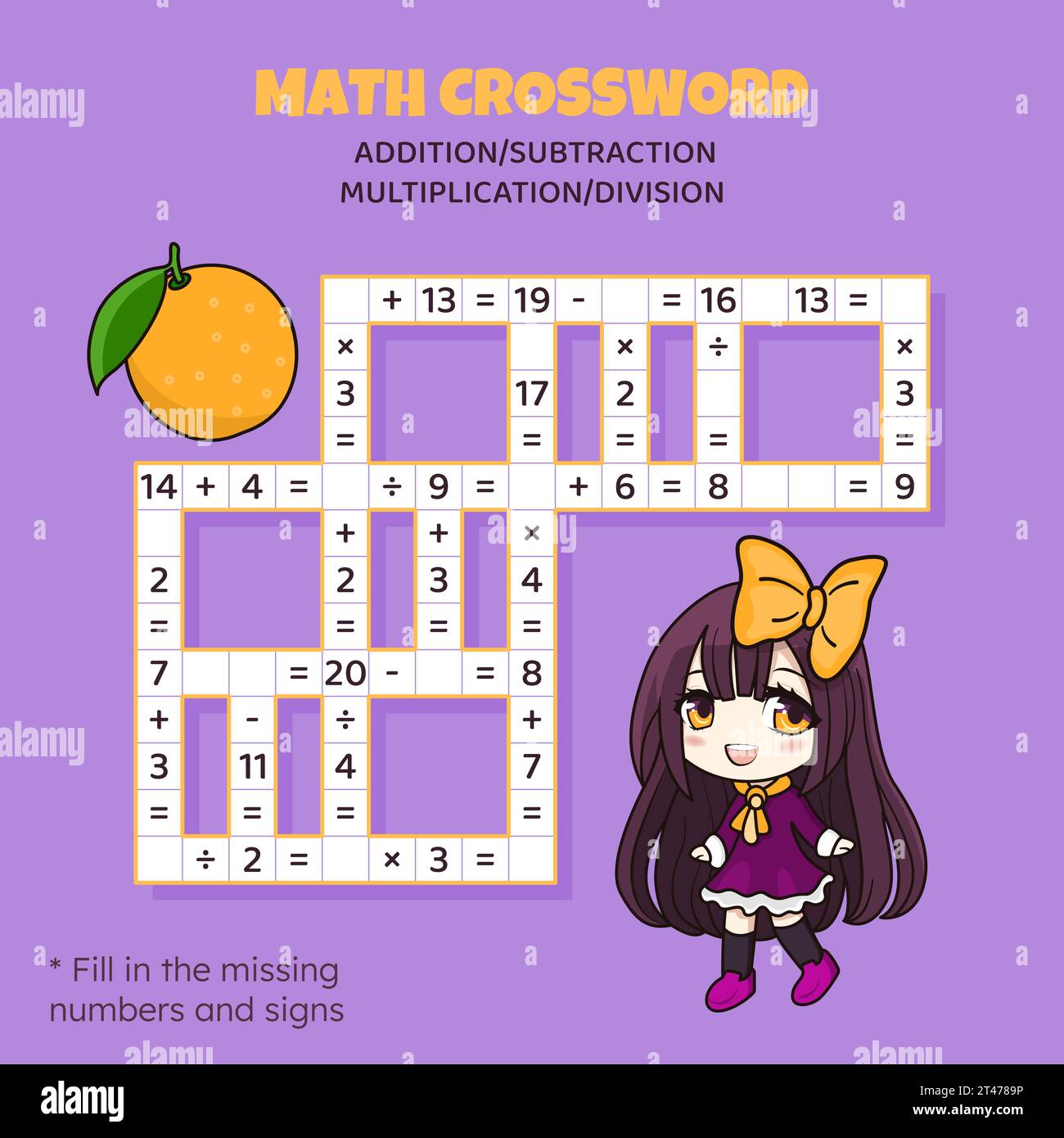 Math Crossword puzzle for kids. Addition, subtraction, multiplication ...