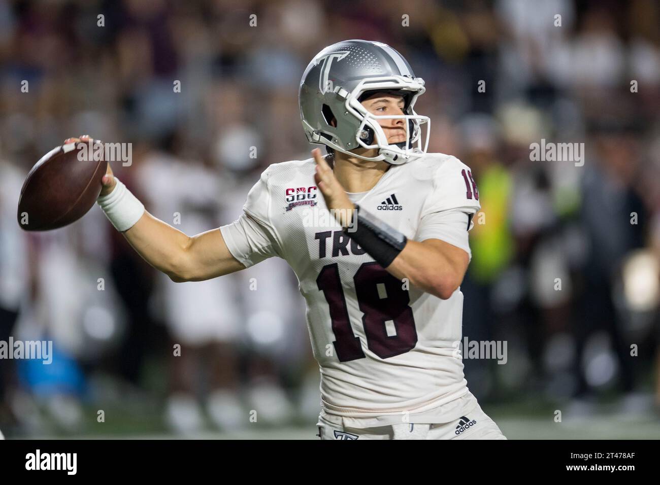 San Marcos, TX, USA. 28th Oct, 2023. Troy Trojans quarterback Gunnar ...