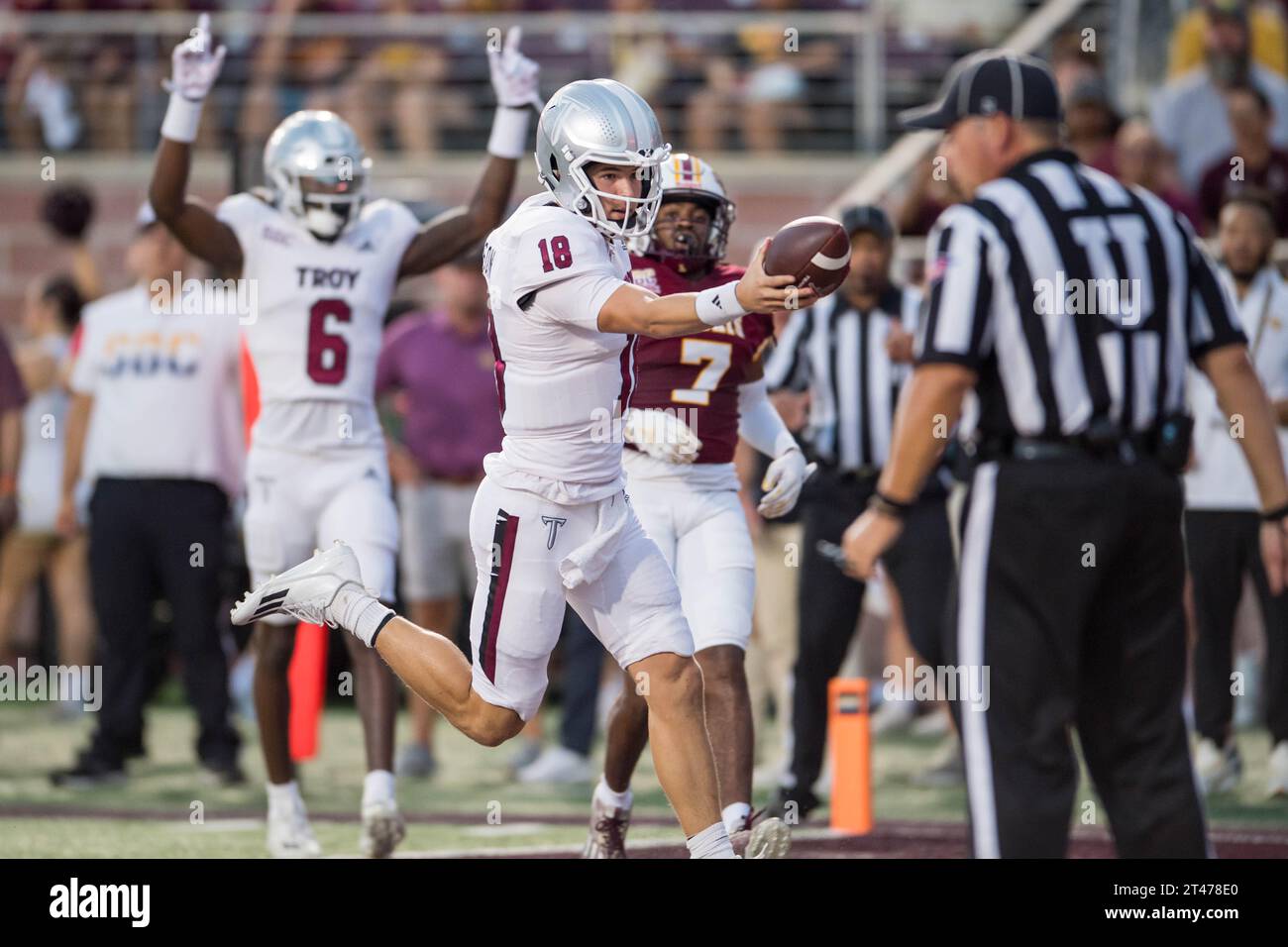 San Marcos, TX, USA. 28th Oct, 2023. Troy Trojans quarterback Gunnar ...