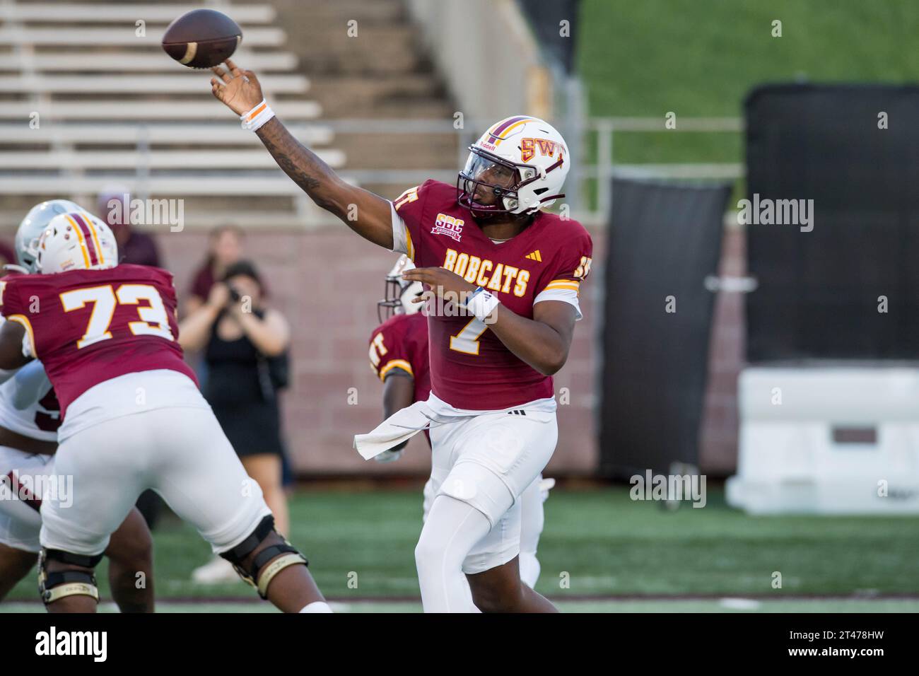 San Marcos, TX, USA. 28th Oct, 2023. Texas State Bobcats quarterback TJ ...