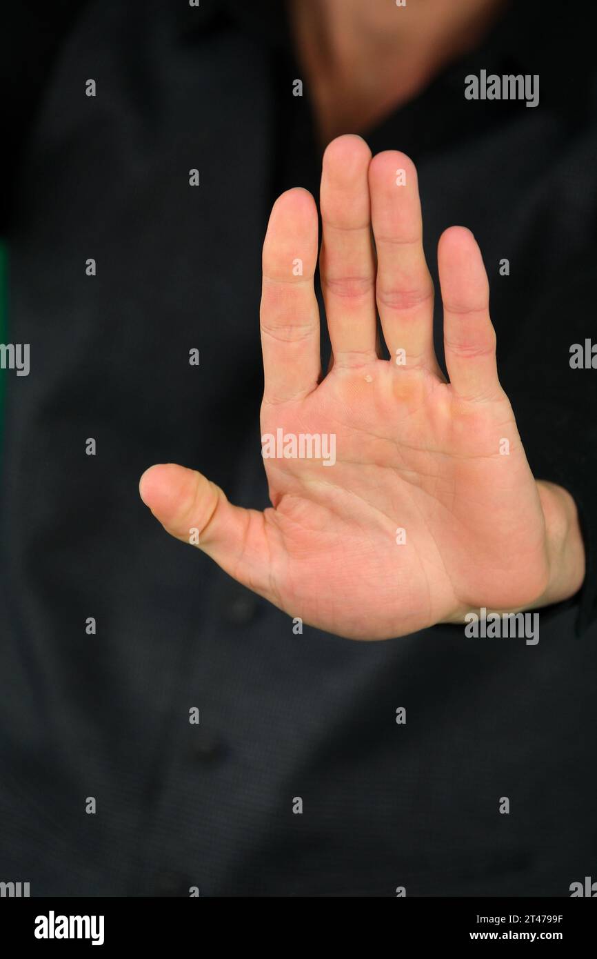 Male hands outstretched in greeting isolated on white background ...