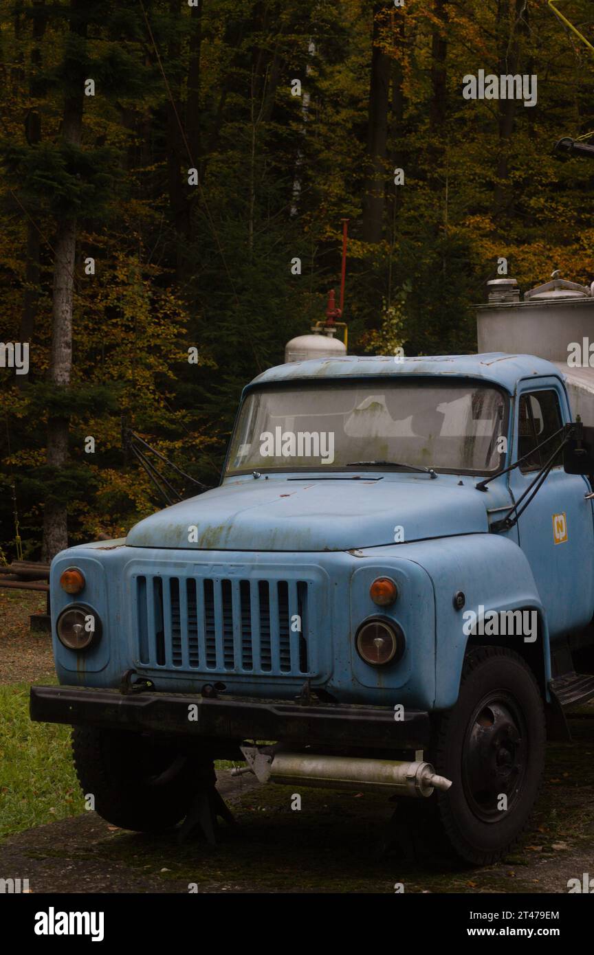 retro, blue lorry in the woods Stock Photo - Alamy