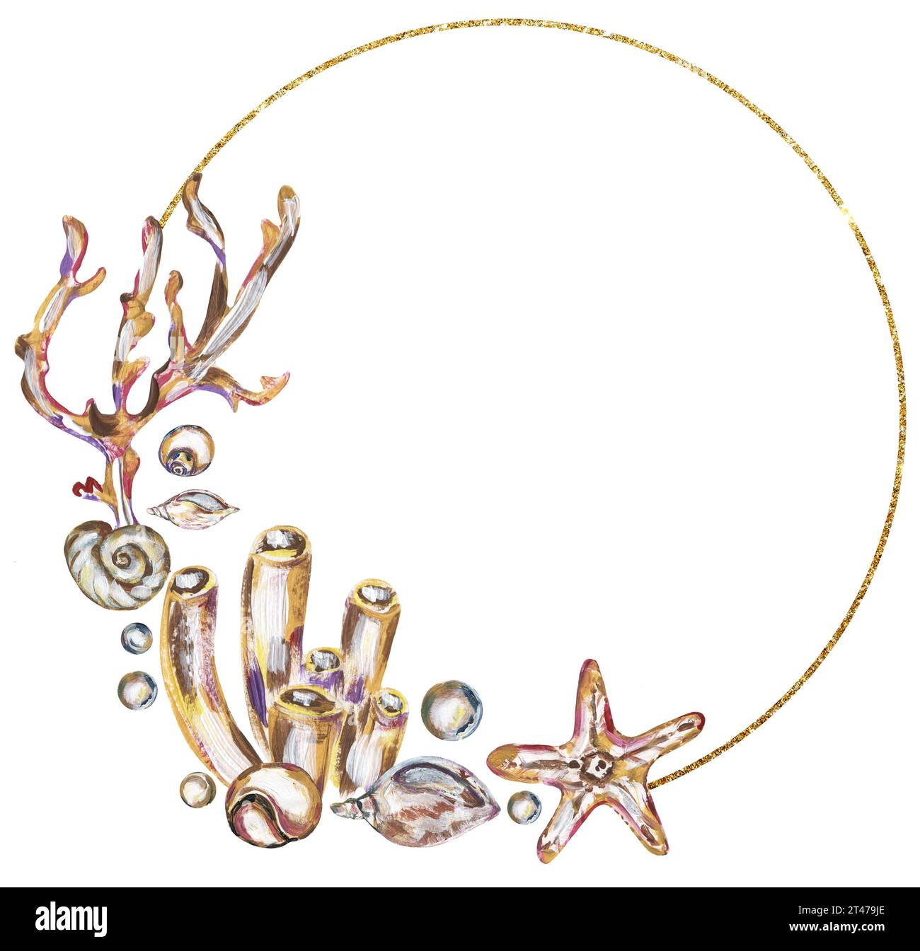 Acrylic hand painted sea shells, corals and pearls wreath illustration ...