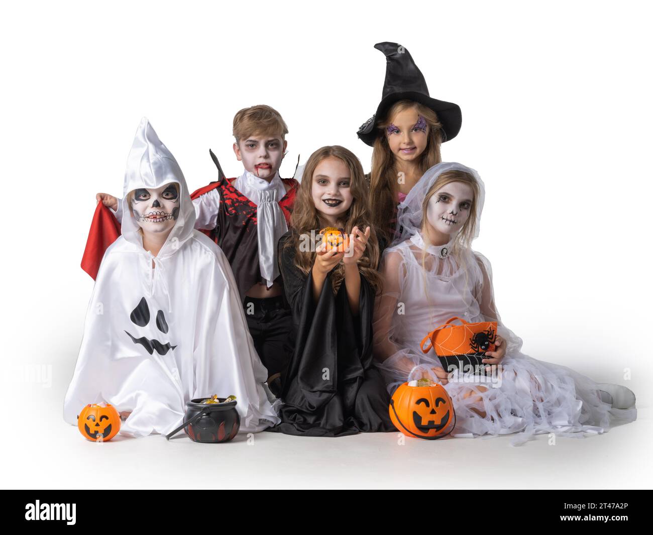 Group of children in fancy Halloween costume dress isolated on white ...
