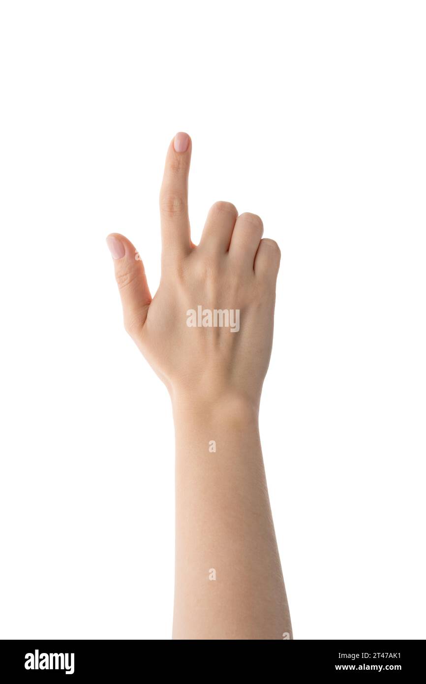 Young female right hand touch something gesture isolated on white ...