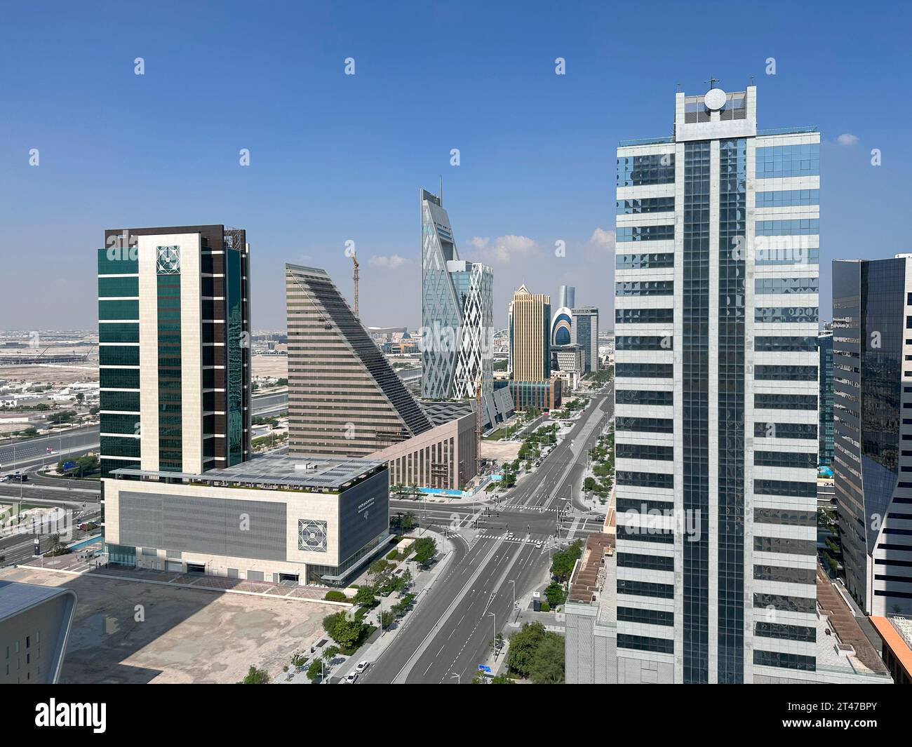 Modern designed Towers constructed at Lusail city with clear blue sky ...