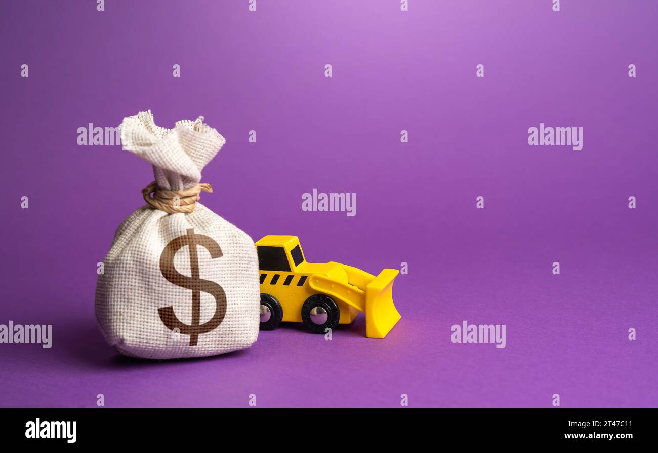 Bulldozer and dollar money bag. Construction equipment rental ...