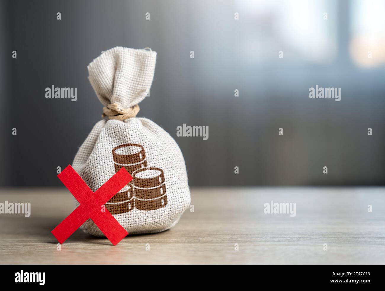 Money bag and red X. Refusal to pay. Frozen assets. Insufficient funds ...