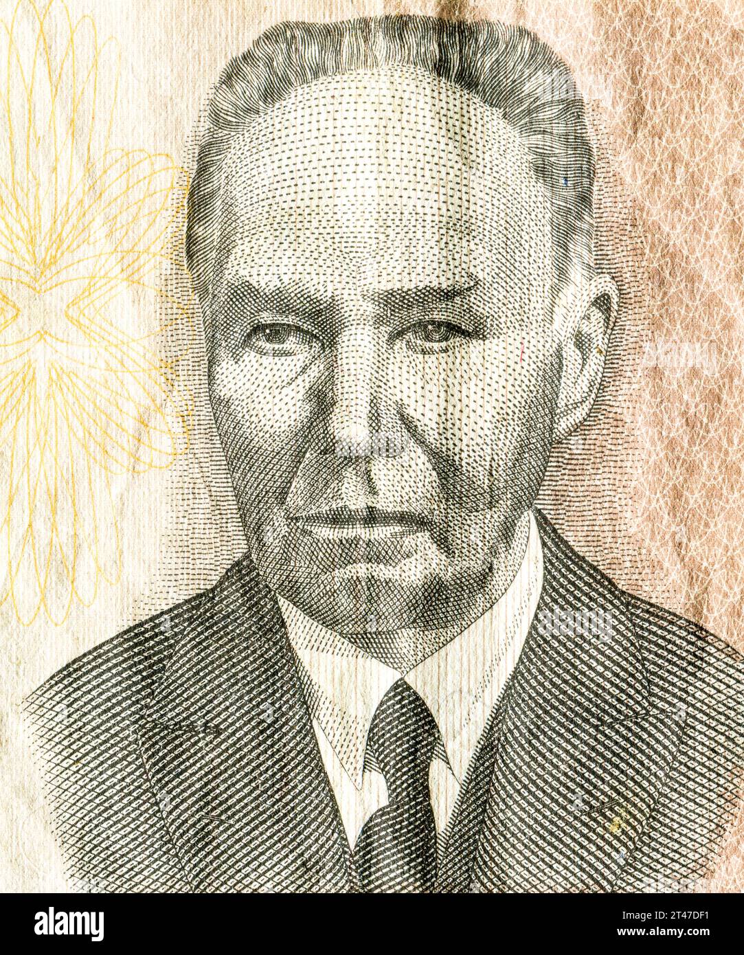 Kristjan Raud (1865-1943), portrait from Estonia 1 Kroon 1992 Banknotes ...