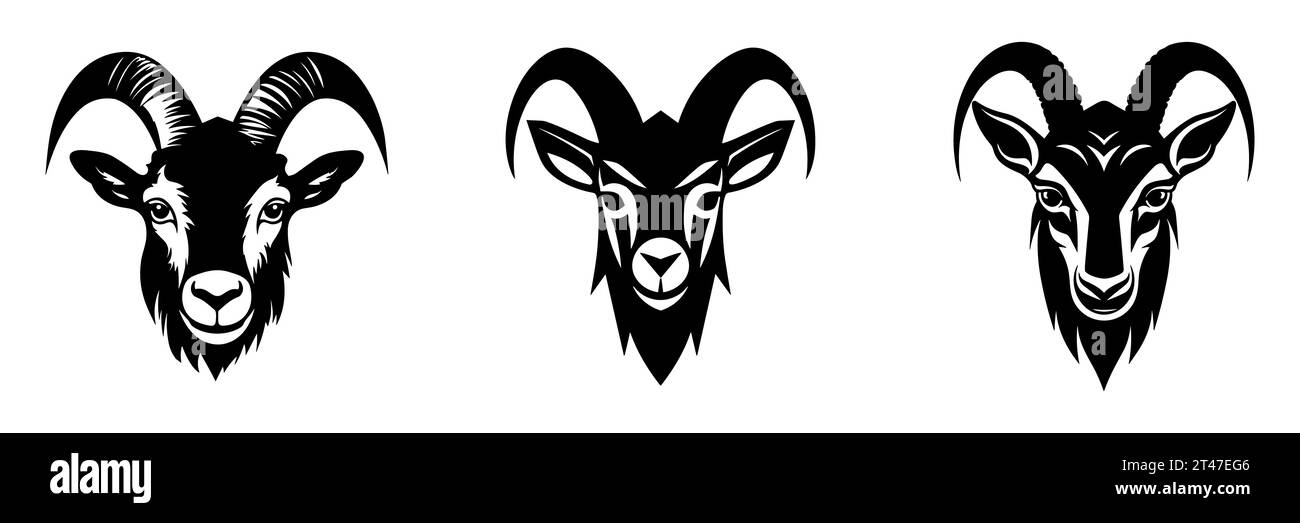 Goat face icon. Goat logo design. Set of black goat icons. Vector ...