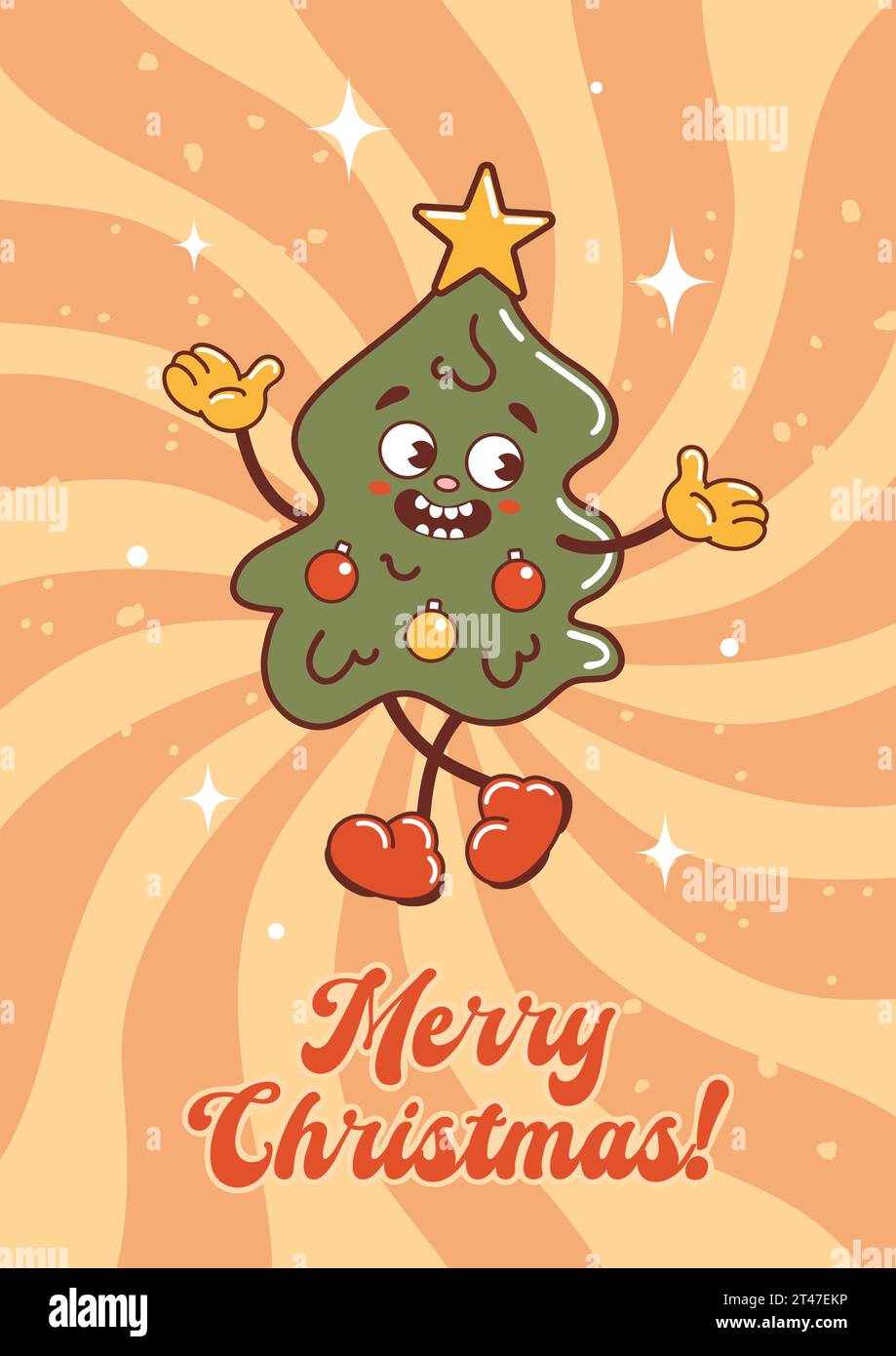 The Christmas tree is dancing and laughing. Cute character in old retro ...
